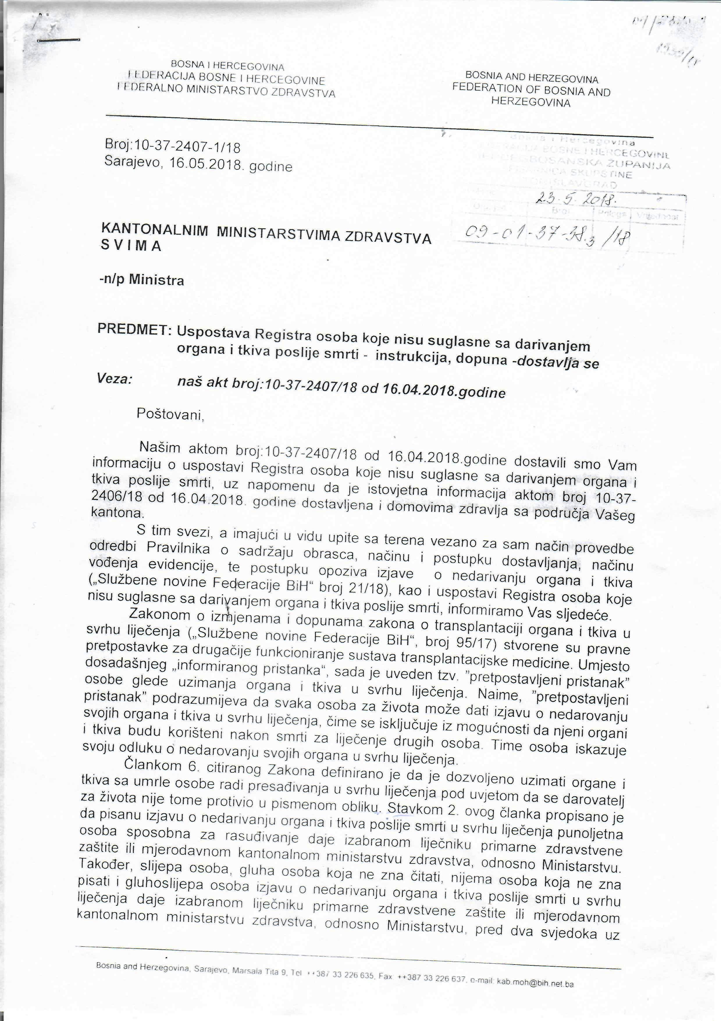 Informacije o uspostavi registra osoba koje nisu suglasne s darivanjem ...