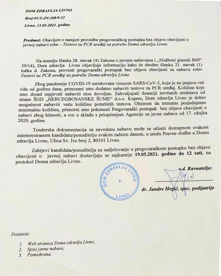Obavijest o namjeri provedbe pregovaračkog postupka – Dom zdravlja Livno