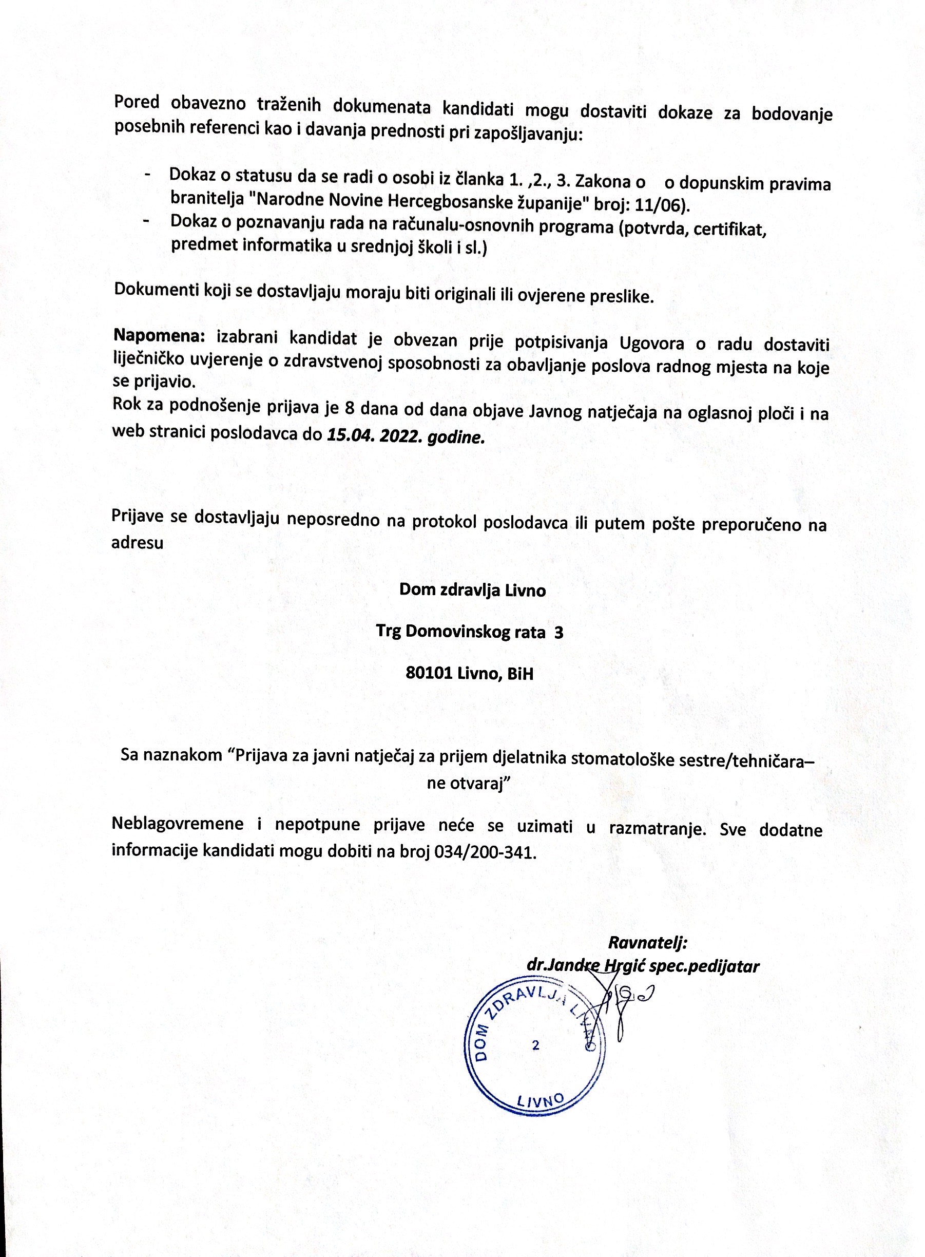 Javni natječaj za prijam djelatnika u radni odnos na neodređeno vrijeme ...