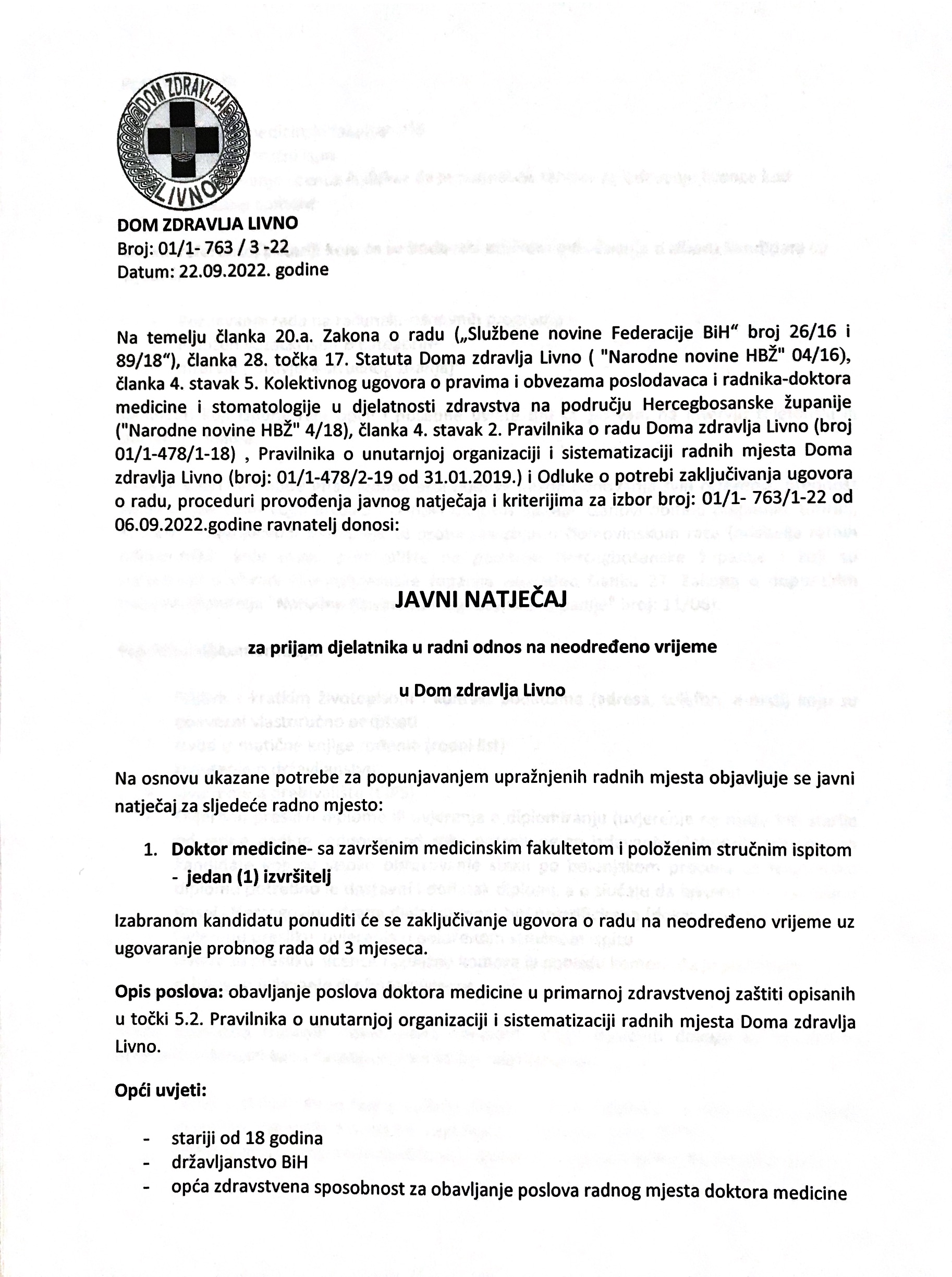 Javni natječaj za prijam djelatnika u radni odnos na neodređeno vrijeme ...